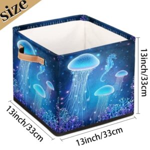 Jellyfish Sea Horse Sea Cube Storage Bins 13 Inch Fabric Storage Basket Square Storage Bins Collapsible Nursery Storage Bin Organizer Basket Storage Box for Shelves, Closet