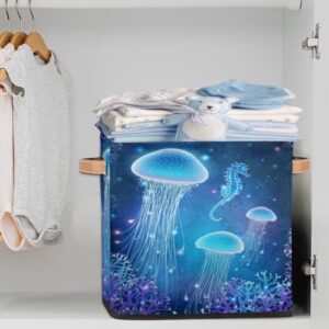 Jellyfish Sea Horse Sea Cube Storage Bins 13 Inch Fabric Storage Basket Square Storage Bins Collapsible Nursery Storage Bin Organizer Basket Storage Box for Shelves, Closet