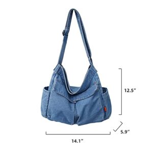 Denim Shoulder Bag Tote Bag for Women Retro Hobo Handbag Commuter Crossbody Bags Purse for Travel School Office (Light Blue)