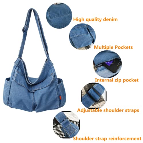 Denim Shoulder Bag Tote Bag for Women Retro Hobo Handbag Commuter Crossbody Bags Purse for Travel School Office (Light Blue)