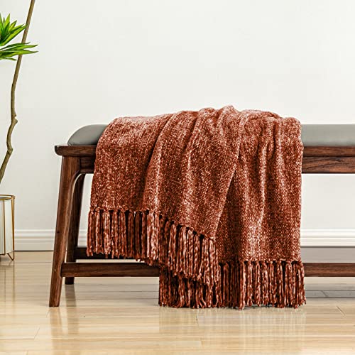 CozeCube Chenille Throw Blanket for Couch, Cozy Soft Throw Blanket with Fringe Tassel, Rust Orange Throw Blanket for Sofa Chair Gift,Decorative Farmhouse Throw Blanket 50"X60"