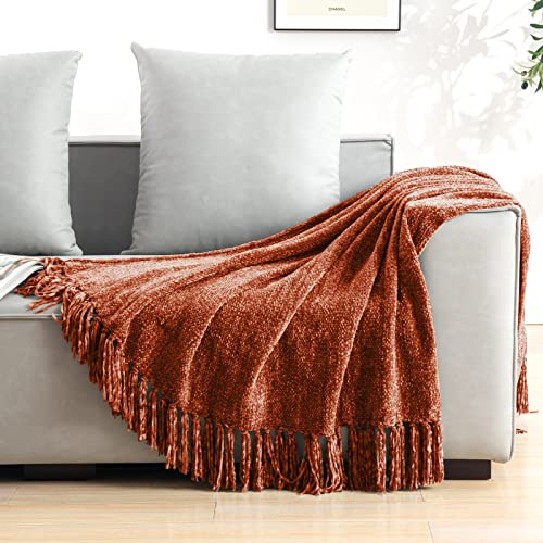 CozeCube Chenille Throw Blanket for Couch, Cozy Soft Throw Blanket with Fringe Tassel, Rust Orange Throw Blanket for Sofa Chair Gift,Decorative Farmhouse Throw Blanket 50"X60"