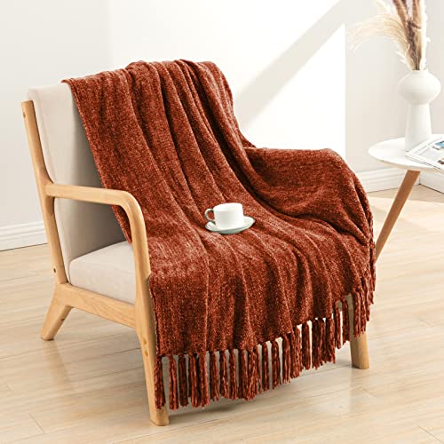 CozeCube Chenille Throw Blanket for Couch, Cozy Soft Throw Blanket with Fringe Tassel, Rust Orange Throw Blanket for Sofa Chair Gift,Decorative Farmhouse Throw Blanket 50"X60"