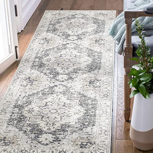 COLLACT Runner Rug 2x5 Area Rug Persian Rug Vintage Rug Indoor Floor Cover Grey Multi Print Distressed Carpet Gray Thin Rug Chenille Mat Foldable Accent Rug Kitchen Living Room Bedroom Dining Room