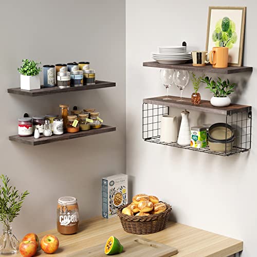 Fuiuo Floating Shelves Bathroom Shelves Over Toilet with Paper Storage Basket Farmhouse Wood Wall Shelves for Wall Decor Bathroom Decor, Living Room, Kitchen (Ebony)