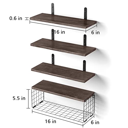 Fuiuo Floating Shelves Bathroom Shelves Over Toilet with Paper Storage Basket Farmhouse Wood Wall Shelves for Wall Decor Bathroom Decor, Living Room, Kitchen (Ebony)