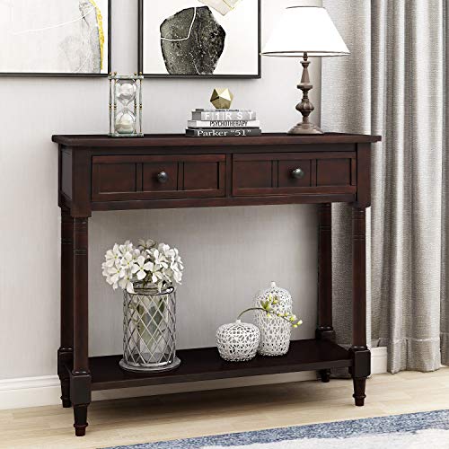 KINFFICT Wood Console Sofa Table with Drawer and Bottom Shelf, WeYoung Daisy Series Entryway Table for Living Room (Antique Espresso)