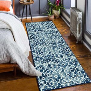 Moroccan Hallway Runner Rug,2'X 6' Distressed Washable Area Rug Peacock Blue Non-Slip Kitchen Mat Faux Wool Low-Pile Floor Carpet for Kitchen Laundry Bedroom Bathroom Living Room