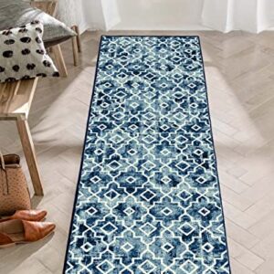 Moroccan Hallway Runner Rug,2'X 6' Distressed Washable Area Rug Peacock Blue Non-Slip Kitchen Mat Faux Wool Low-Pile Floor Carpet for Kitchen Laundry Bedroom Bathroom Living Room