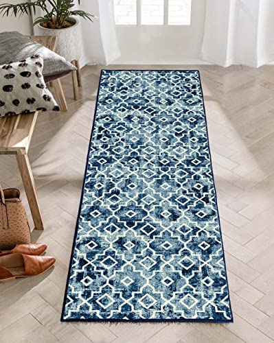 Moroccan Hallway Runner Rug,2'X 6' Distressed Washable Area Rug Peacock Blue Non-Slip Kitchen Mat Faux Wool Low-Pile Floor Carpet for Kitchen Laundry Bedroom Bathroom Living Room