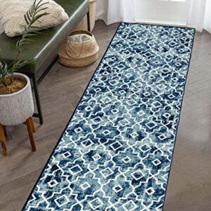 Moroccan Hallway Runner Rug,2'X 6' Distressed Washable Area Rug Peacock Blue Non-Slip Kitchen Mat Faux Wool Low-Pile Floor Carpet for Kitchen Laundry Bedroom Bathroom Living Room