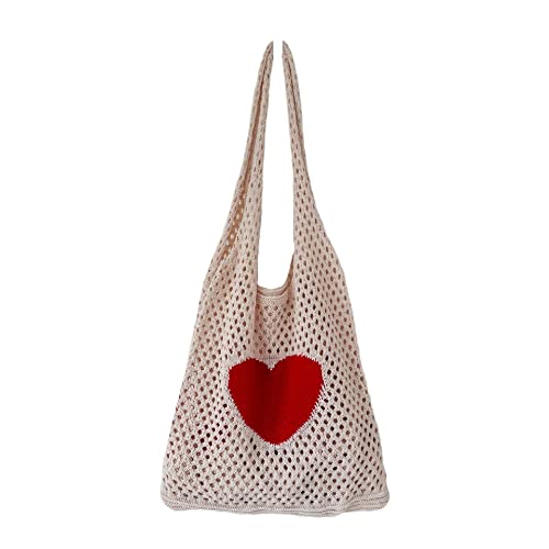 Women Hobo Bag Trendy Star Pattern Knitted Shoulder Bags Mesh Hollow Out Tote Bag Aesthetic Grunge Beach Bag (Apricot)