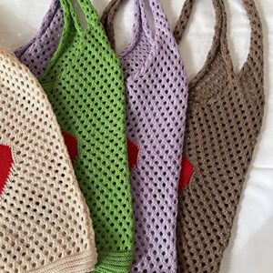 Women Hobo Bag Trendy Star Pattern Knitted Shoulder Bags Mesh Hollow Out Tote Bag Aesthetic Grunge Beach Bag (Apricot)