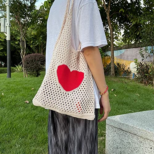 Women Hobo Bag Trendy Star Pattern Knitted Shoulder Bags Mesh Hollow Out Tote Bag Aesthetic Grunge Beach Bag (Apricot)