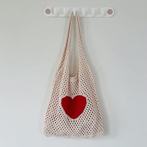 Women Hobo Bag Trendy Star Pattern Knitted Shoulder Bags Mesh Hollow Out Tote Bag Aesthetic Grunge Beach Bag (Apricot)