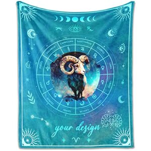 custom aries blanket gifts, 40″x30″ rectangular flannel zodiac throw blanket cozy, personalized blankets gift for boys girls teen women men tarot cards lovers birthday anniversary festival