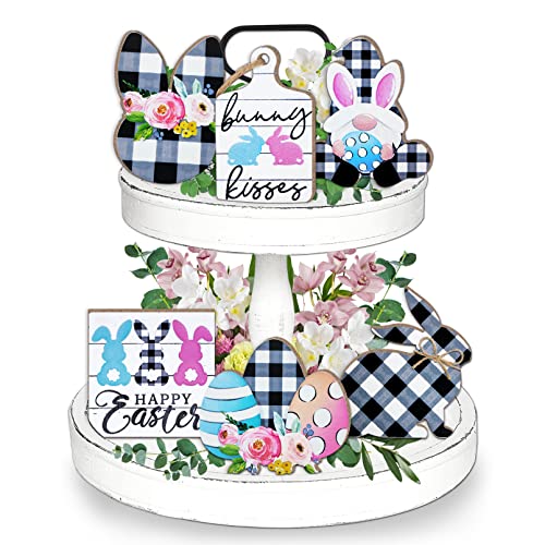 Easter Decorations, 6PCs Easter Tiered Tray Decor, Easter Decor Happy Easter Eggs Bunny Gnome Buffalo Plaid Wood Signs Rustic Spring Farmhouse Easter Decorations for the Home Party Kitchen Table Decor