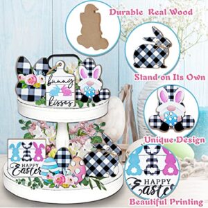 Easter Decorations, 6PCs Easter Tiered Tray Decor, Easter Decor Happy Easter Eggs Bunny Gnome Buffalo Plaid Wood Signs Rustic Spring Farmhouse Easter Decorations for the Home Party Kitchen Table Decor