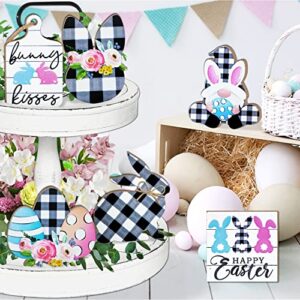 Easter Decorations, 6PCs Easter Tiered Tray Decor, Easter Decor Happy Easter Eggs Bunny Gnome Buffalo Plaid Wood Signs Rustic Spring Farmhouse Easter Decorations for the Home Party Kitchen Table Decor