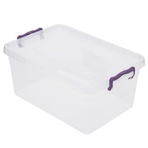 home basics plastic storage box with locking lid, clear | durable latches for secure closure | purple handles (10 liter)