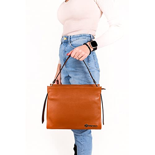 Baroncelli Leather Tote Bag Medium Size Genuine Italian Pebbled Leather Designed and Made in Italy (Brown)