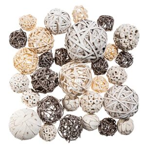 natural decorative balls assortment – orbs for centerpiece, basket, bowl, and vase filler – mix of natural, wicker, and grapevine ball decorations, whitewashed