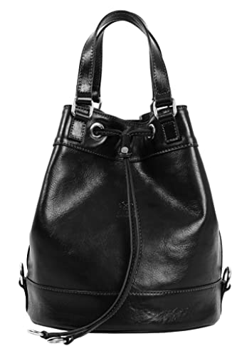 Time Resistance Leather Bucket Bag Full Grain Real Leather Tote Bag for Women (Black)