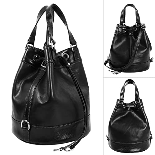 Time Resistance Leather Bucket Bag Full Grain Real Leather Tote Bag for Women (Black)