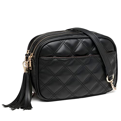 Small Quilted Crossbody Bags for Women, Double Top Zipper Shoulder Bag Lightweight Purses Handbags with Tassel