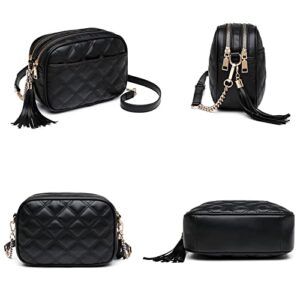 Small Quilted Crossbody Bags for Women, Double Top Zipper Shoulder Bag Lightweight Purses Handbags with Tassel