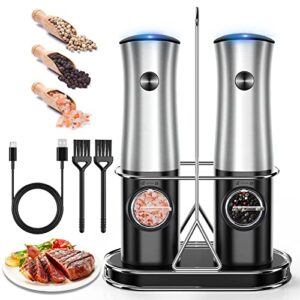 electric salt and pepper grinder set rechargeable, automatic salt and pepper grinder set, light up salt and pepper shakers set adjustable coarseness one handed opperation, black(2 pack)