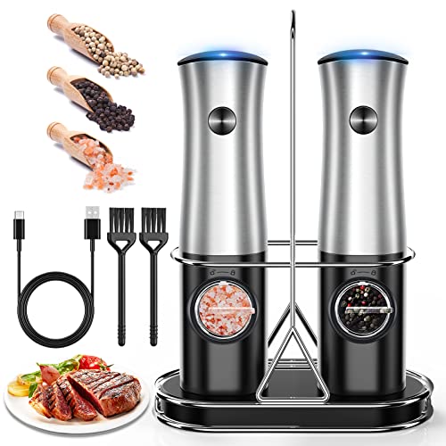 Electric Salt and Pepper Grinder Set Rechargeable, Automatic Salt and Pepper Grinder Set, Light up Salt and Pepper Shakers Set Adjustable Coarseness One Handed Opperation, Black(2 Pack)