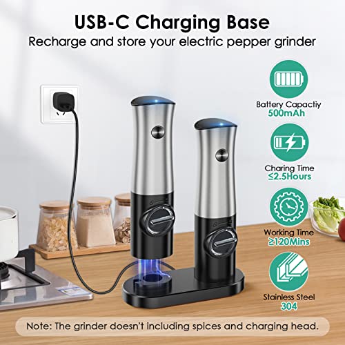 Electric Salt and Pepper Grinder Set Rechargeable, Automatic Salt and Pepper Grinder Set, Light up Salt and Pepper Shakers Set Adjustable Coarseness One Handed Opperation, Black(2 Pack)