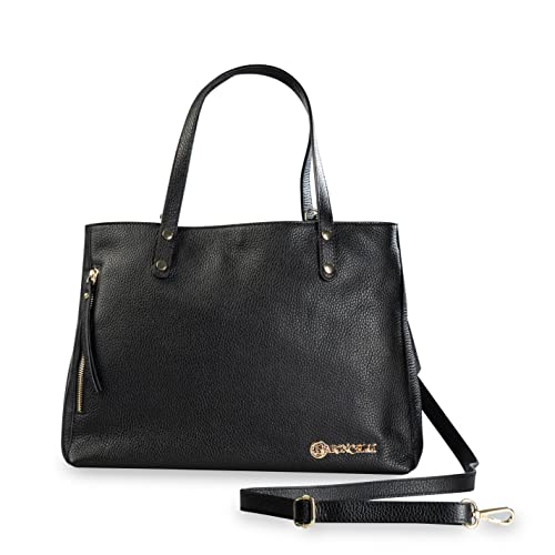 Baroncelli Large Leather Tote Bag Genuine Italian Pebbled Leather Designed and Made in Italy (Black)