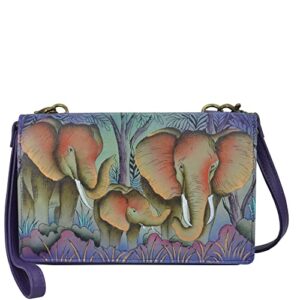 anna by anuschka women’s hand-painted genuine leather 4-in-1 organizer crossbody/belt bag/clutch/writlest – elephant family