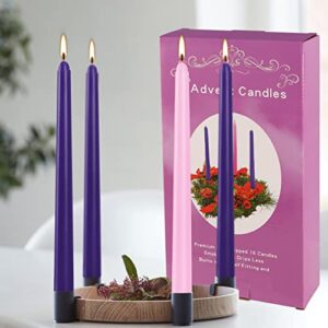 Advent Taper Candles 16 Piece Purple Pink Christmas Season 10-inch Wax Taper Candle, Pack of 16