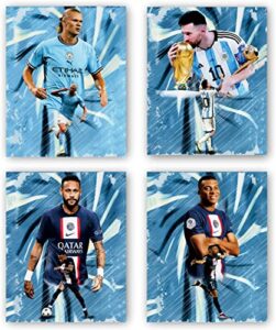 football superstar poster,lionel messi,neymar,mbappe,haaland man city art print poster,sports celebrity poster,for living room bedroom room decor,sports landscape office room decor gift-set of 4 (8″x10″ unframed)