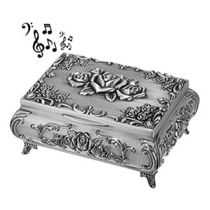 elldoo vintage music box, silver metal musical jewelry box keepsake box, small trinket jewelry storage box gift for girl women (tune: you are my sunshine)