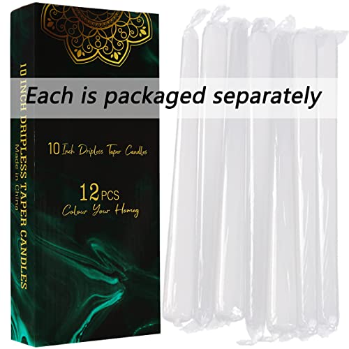 12 Pack White Taper Candles - 10 Inch White Dripless, Unscented Dinner Candle - Paraffin Wax with Cotton Wicks - 7.5-8 Hour Burn Time