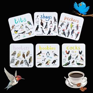 set of 6 bird pun coasters, 2023 new square drinks coaster, thicken funny bird coasters suitable for home kitchen bar table decorations, gifts for bird lovers