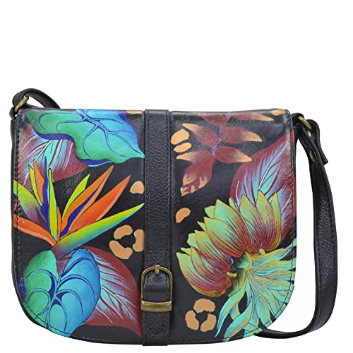 Anna by Anuschka Hand Painted Women’s Genuine Leather Flap Crossbody -Tropical Dreams Black