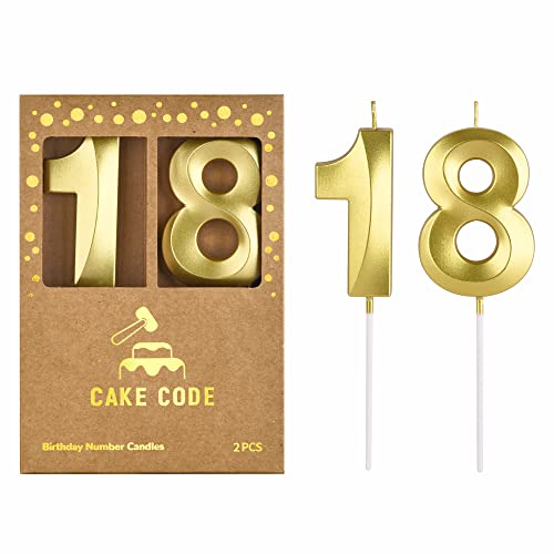 CAKE CODE 2.76 Inch Diamond Gold 18 Number Birthday Candles, Gold Number Candles, Cake Number Candles, Party Celebration