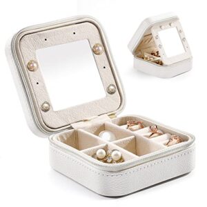 emibele travel jewelry box with mirror, pu leather small travel jewelry case, travel jewelry organizer for women girls, small jewelry travel case for rings, earrings, necklaces, bracelet, white