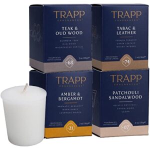 trapp 2oz votive scented candle cozy earthy aromas variety, set of 4 – scents include no. 74 tabac & leather, no. 21 amber bergamot, no. 07 patchouli sandalwood, no. 68 teak & oud wood