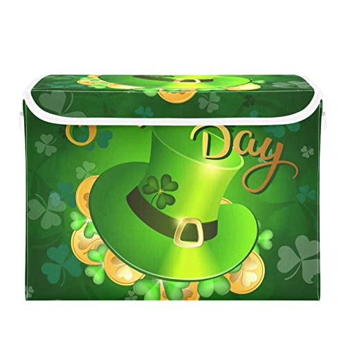 WELLDAY Green Hat St. Patrick's Day Storage Baskets Foldable Cube Storage Bin with Lids and Handle, 16.5x12.6x11.8 In Storage Boxes for Toys, Shelves, Closet, Bedroom, Nursery