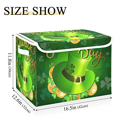 WELLDAY Green Hat St. Patrick's Day Storage Baskets Foldable Cube Storage Bin with Lids and Handle, 16.5x12.6x11.8 In Storage Boxes for Toys, Shelves, Closet, Bedroom, Nursery