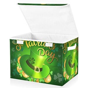 WELLDAY Green Hat St. Patrick's Day Storage Baskets Foldable Cube Storage Bin with Lids and Handle, 16.5x12.6x11.8 In Storage Boxes for Toys, Shelves, Closet, Bedroom, Nursery