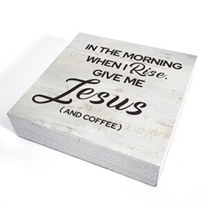 Coffee Quote in the Morning When I Rise Give Me Jesus and Coffee Wood Box Sign Rusitc Wooden Box Sign Farmhouse Home Kitchen Coffee Bar Desk Shelf Decor (5 X 5 Inch)