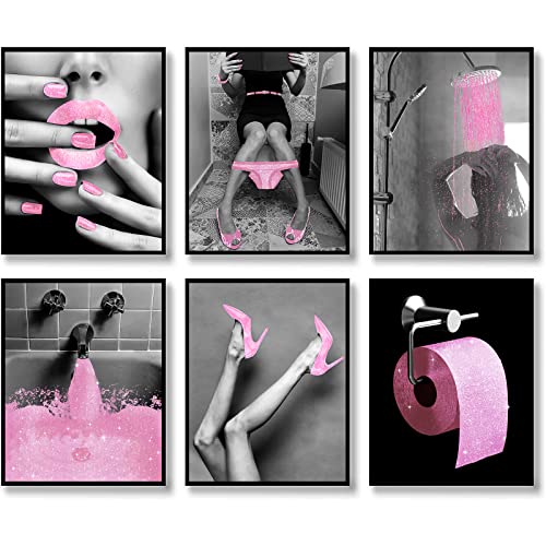 SIKYUCOR Fashion Wall Art Bathroom Wall Decor Prints Pink Glam Glitter Tissue Canvas Posters Photos Bathroom Pictures Artwork Black and White Modern Women Funny Bathroom (Pink, 8"x10" UNFRAMED)