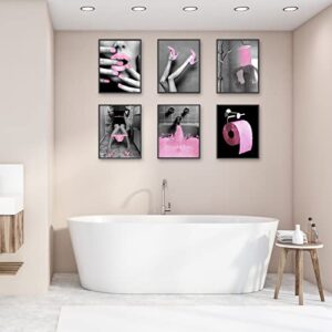 SIKYUCOR Fashion Wall Art Bathroom Wall Decor Prints Pink Glam Glitter Tissue Canvas Posters Photos Bathroom Pictures Artwork Black and White Modern Women Funny Bathroom (Pink, 8"x10" UNFRAMED)